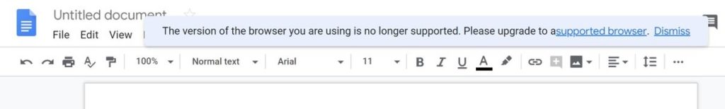 Notification says Google Docs is not supported in Microsoft Chromium Edge
