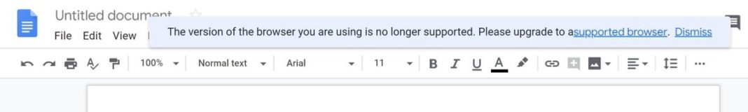 Notification says Google Docs is not supported in Microsoft Chromium Edge