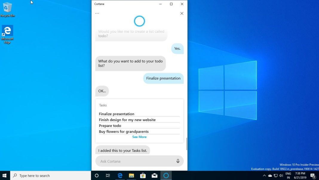 Hands-on with new Cortana experience on Windows 10 20H1