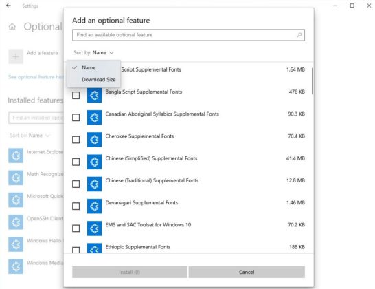 Windows 10 20H1 to improve Optional Features settings page