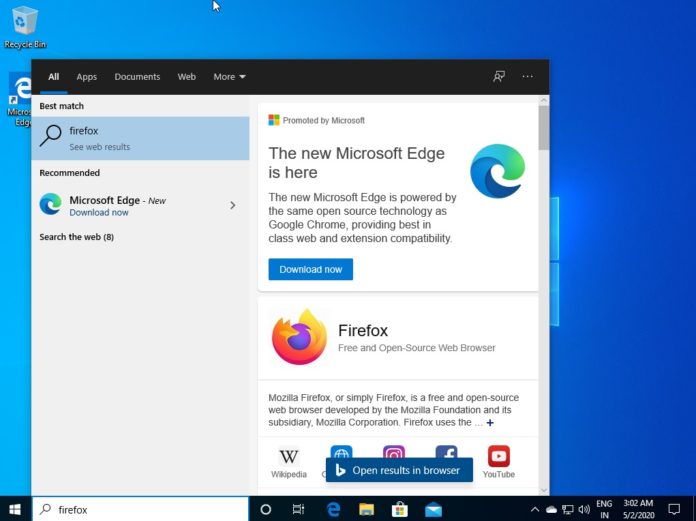 Windows 10 Search is now recommending users to launch Edge