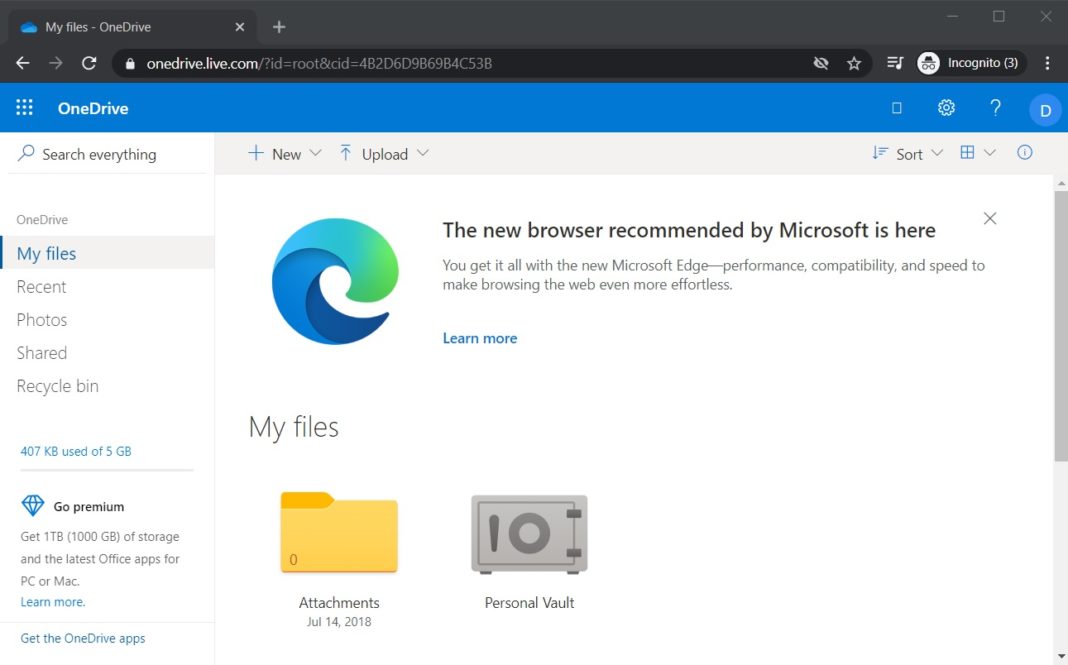 Microsoft starts advertising Edge browser in OneDrive