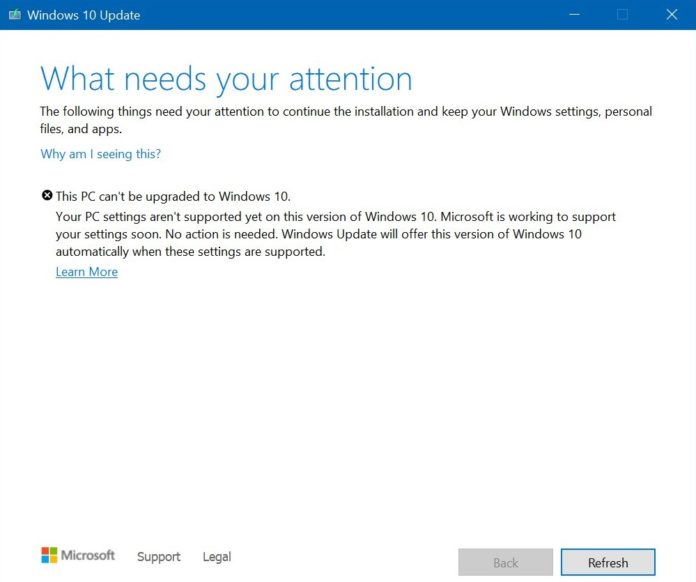 Windows 10 blocks feature updates on PCs with unsupported settings