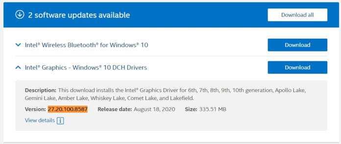 Intel Graphics driver 27.20.100.8587 released for Windows 10