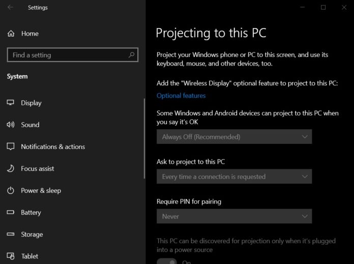 Windows 10's screen mirroring feature is now optional