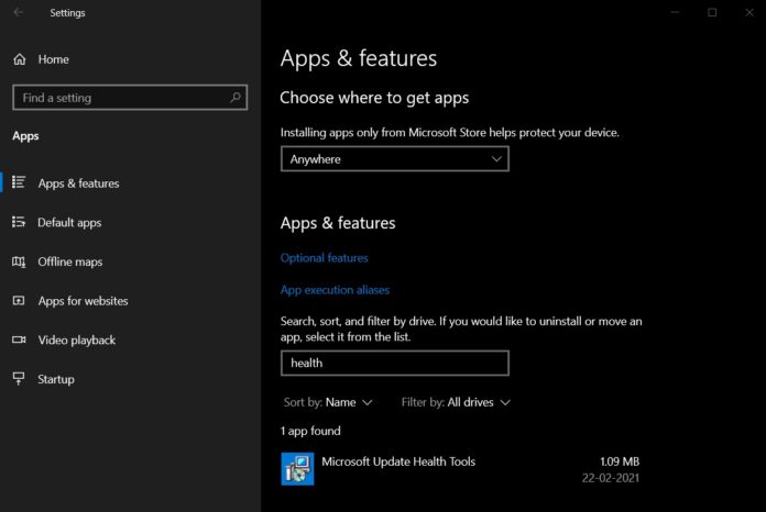 A Windows 10 update is installing Microsoft Update Health Tools