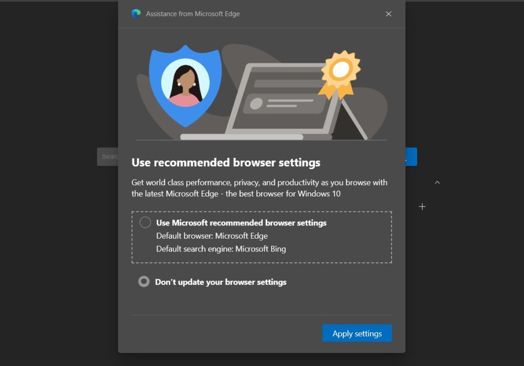 Microsoft Edge nagging users with recommended browser settings alert