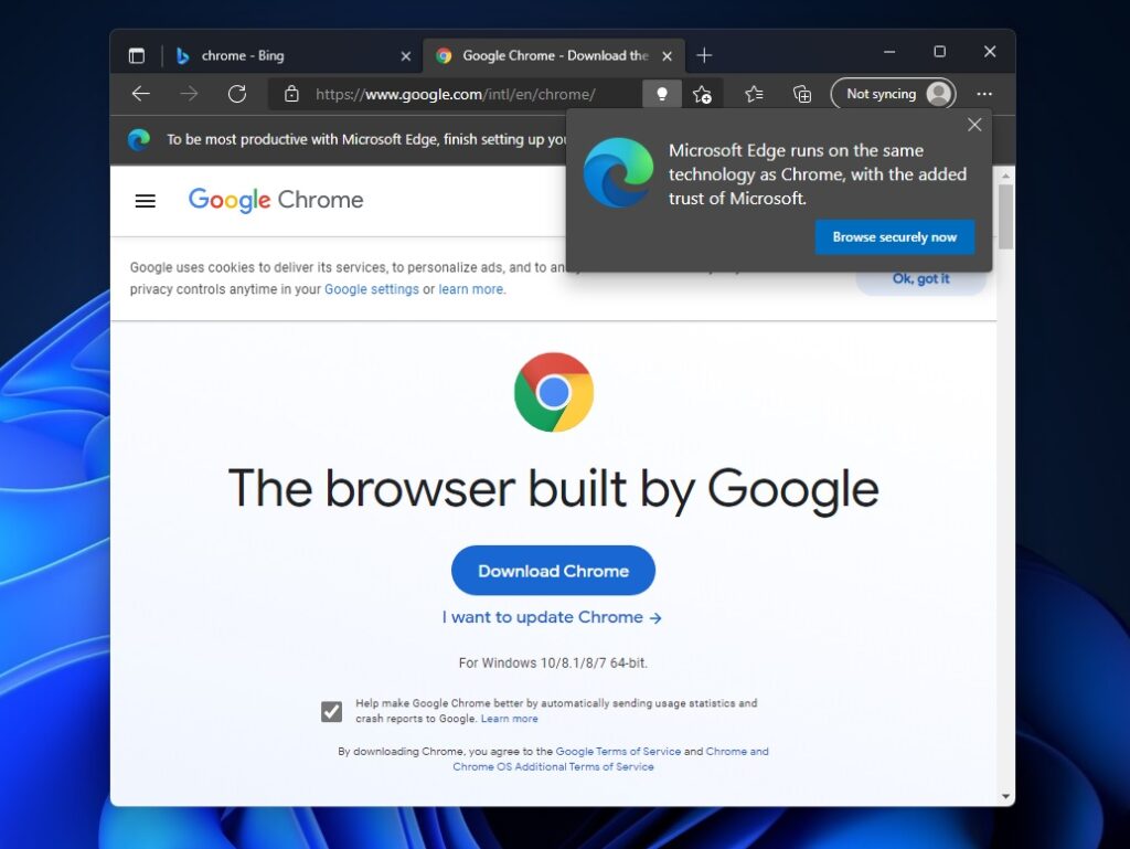 Windows 11's Edge is trying to dissuade users from downloading Chrome