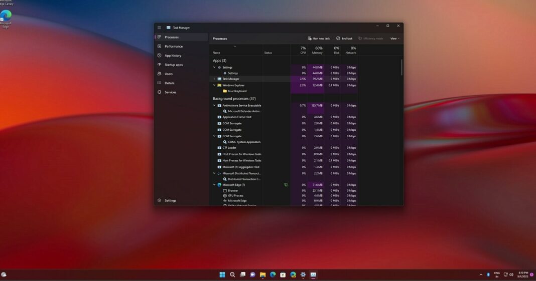 Closer look at Windows 11's upcoming Task Manager with colours, dark mode