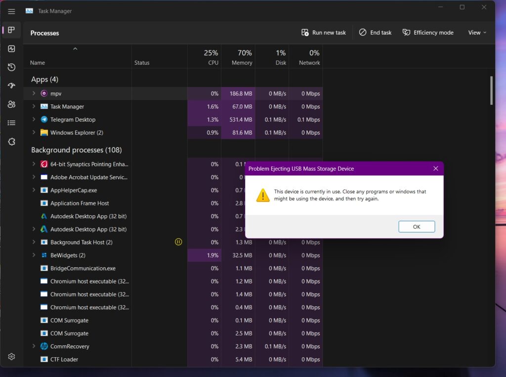 Windows 11 22H2 Task Manager bug blocks 'safely eject media' feature