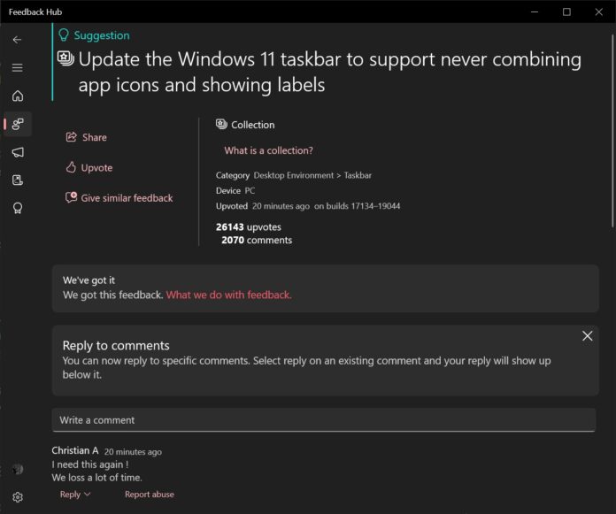 Windows 11's "Never Combine" taskbar icons feature is coming in the fall