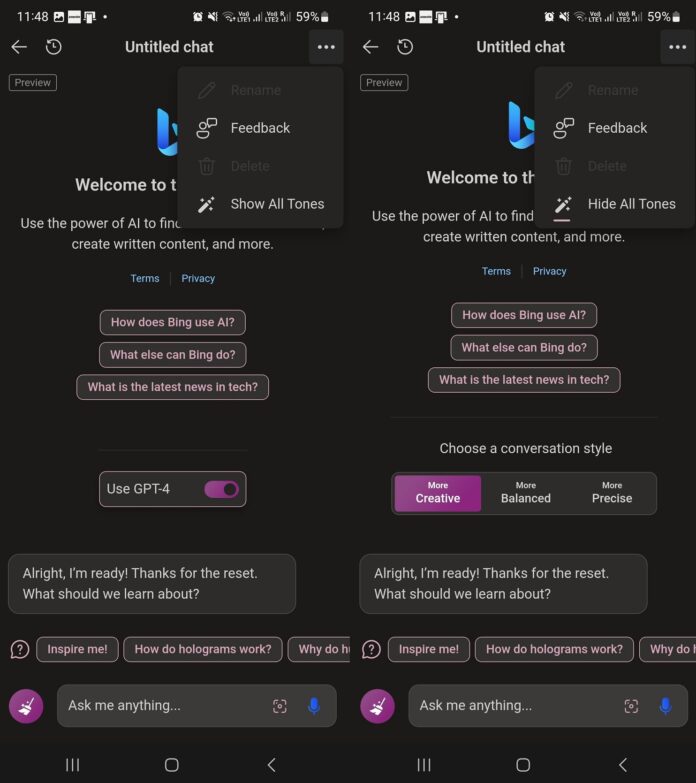 Microsoft tests free GPT-4 toggle in Bing Chat AI on Android and iOS