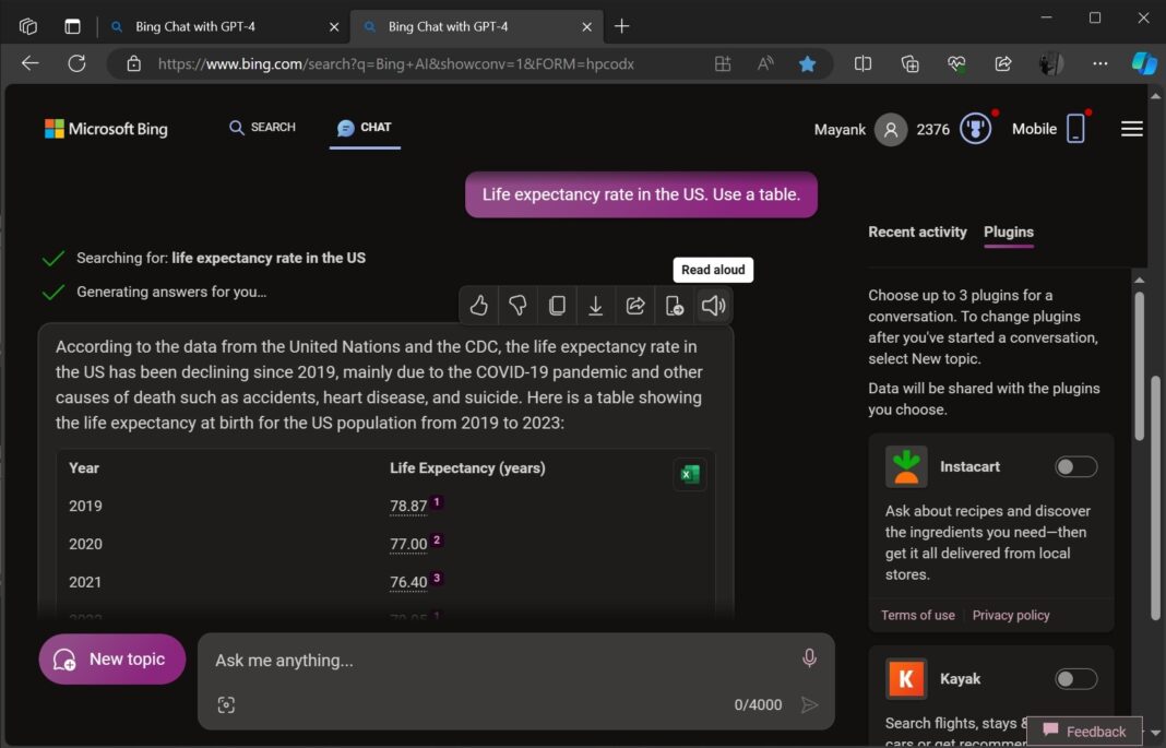 Microsoft Bing Chat AI gets read aloud, with more features like ChatGPT ...