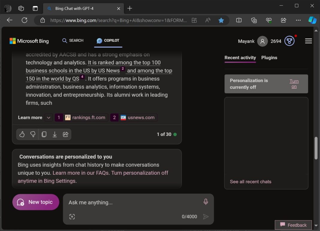 Microsoft Bing Chat AI rolls out Personalized chats feature and "Search ...