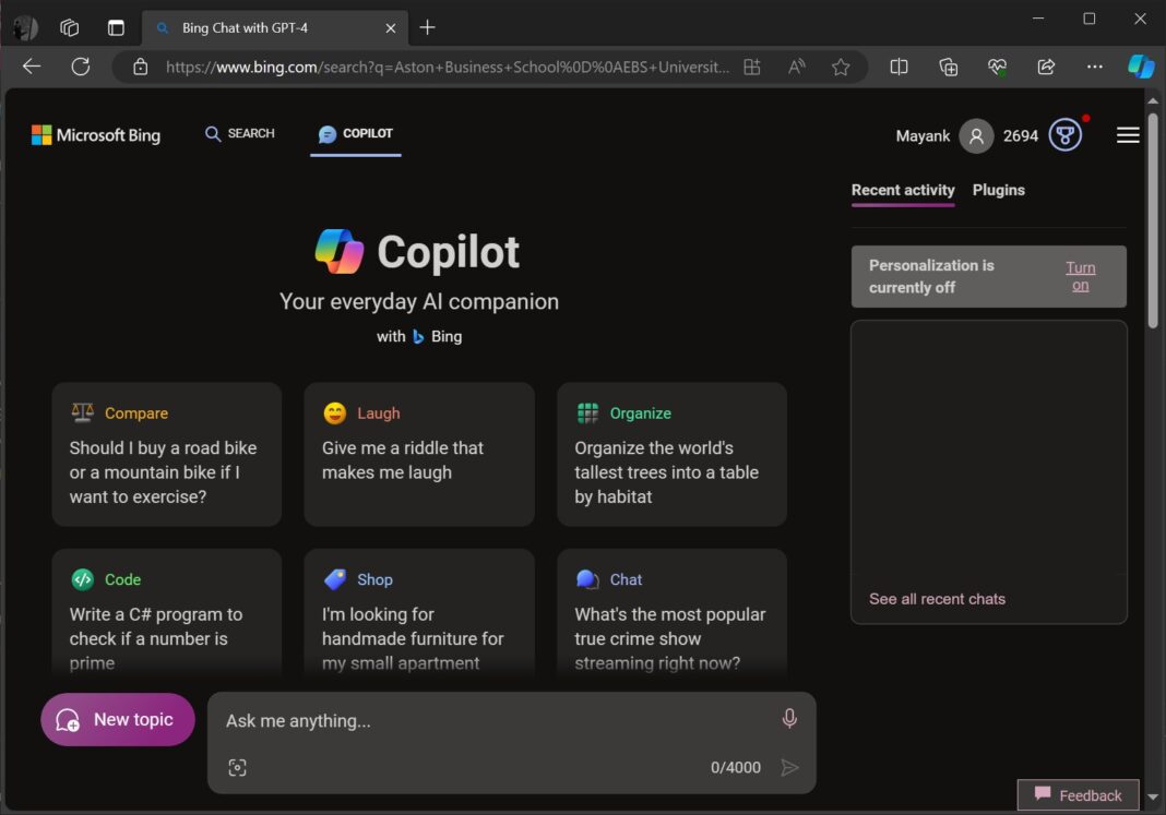 Microsoft Bing Chat AI rolls out Personalized chats feature and "Search ...