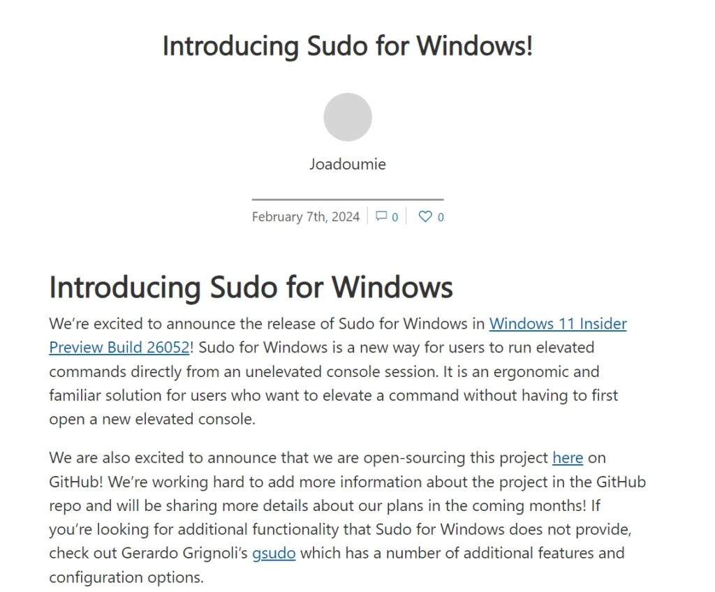 Microsoft confirms Sudo is coming to Windows 11 with Build 26052