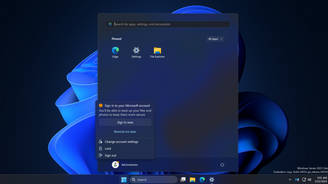 Windows Server 2025 tests Microsoft account sign-in alerts in the Start ...