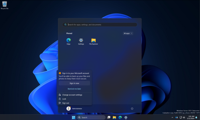 Windows Server 2025 tests Microsoft account sign-in alerts in the Start ...