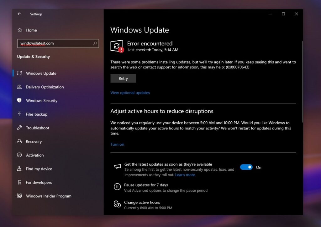 Windows 10 KB5001716 fails with 0x80070643, a fix is now available