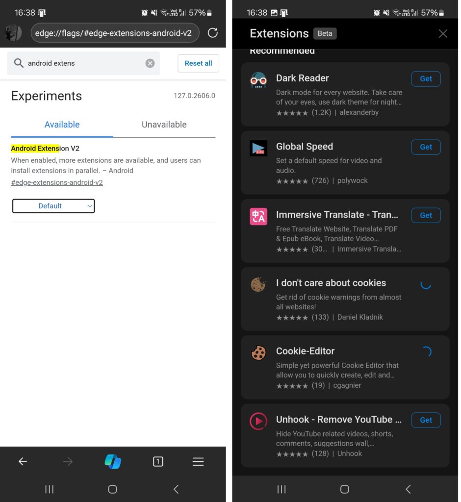 Microsoft Edge on Android tests "Extension v2" with more desktop extensions