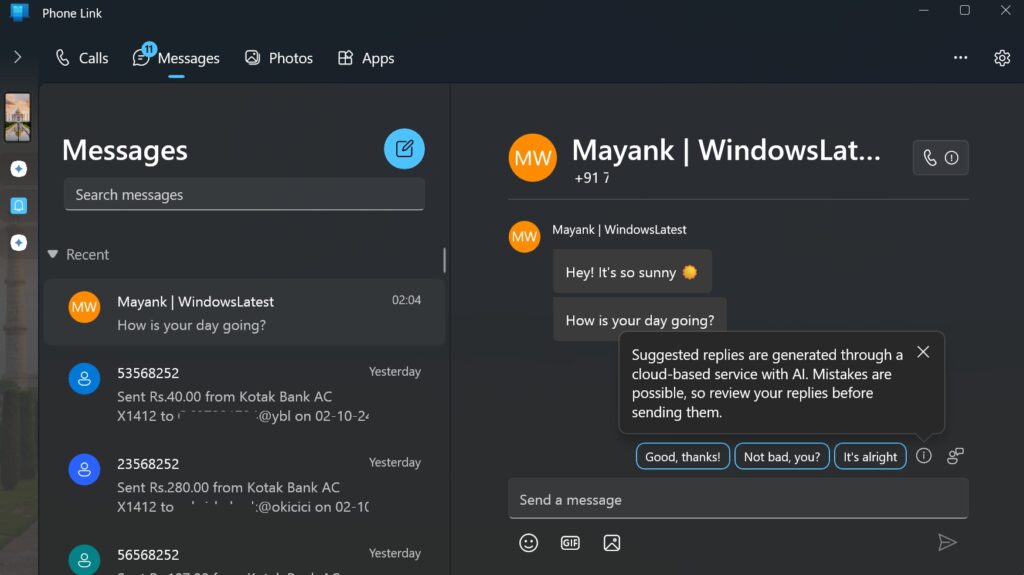 Windows 11's Phone Link brings AI to Android messages with suggestions ...