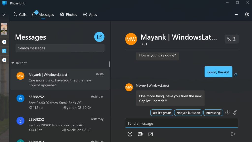 Windows 11's Phone Link brings AI to Android messages with suggestions ...