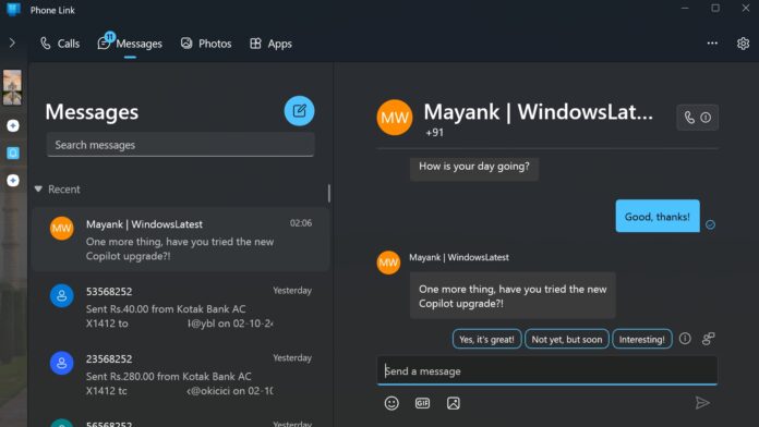Windows 11's Phone Link brings AI to Android messages with suggestions ...