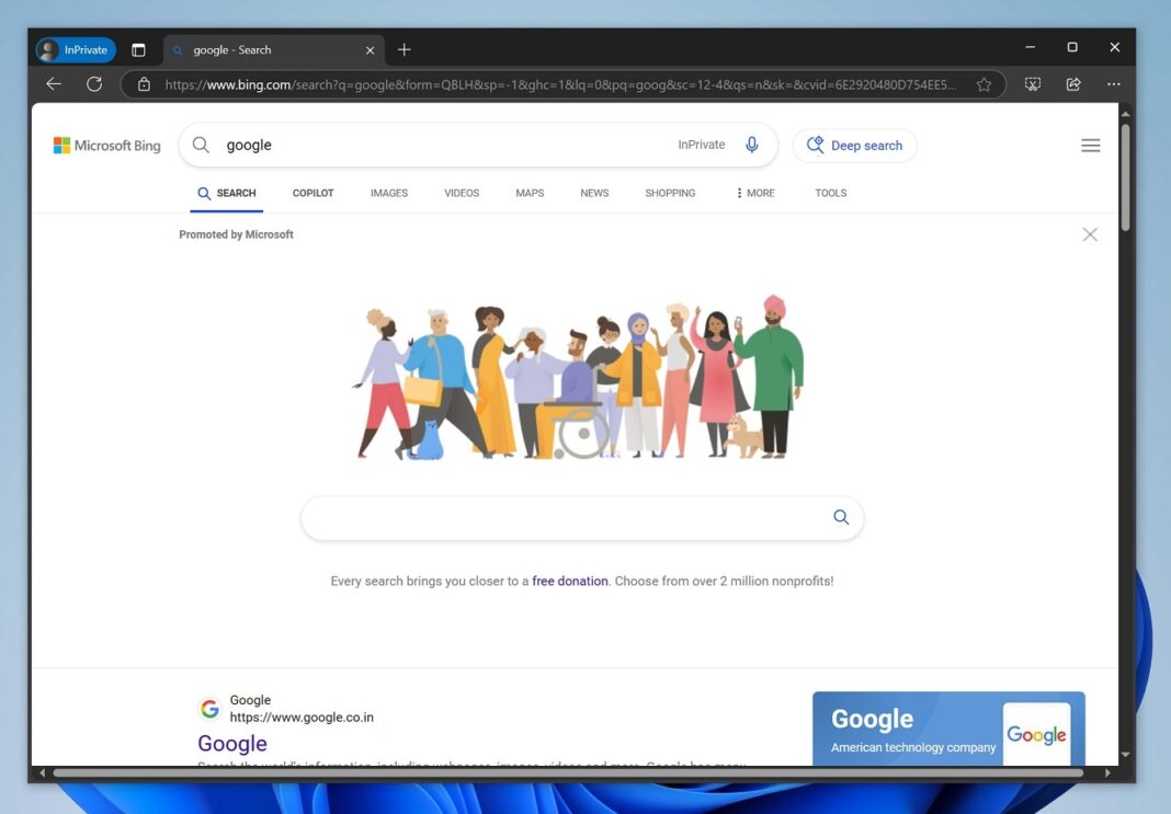 Microsoft Bing is trying to spoof Google UI when people search Google.com