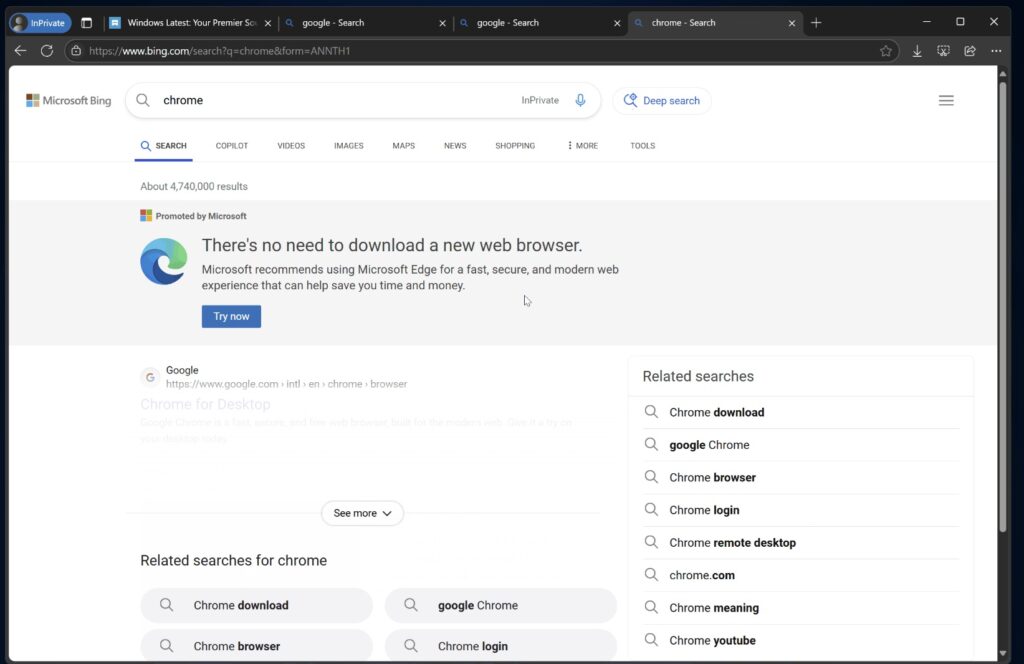 Microsoft Edge's Bing now hides Google Chrome download link on Windows 11