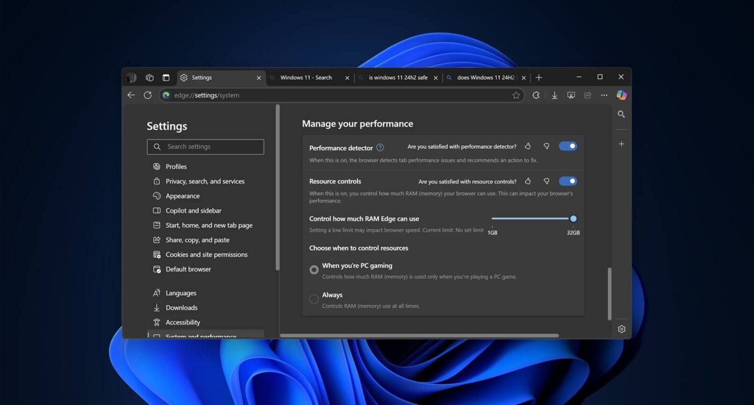 Microsoft Edge now lets you limit RAM usage while gaming on Windows 11