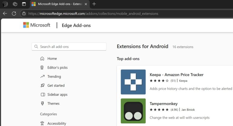 Microsoft Edge beats Google Chrome, gets Extensions Store (web) on Android