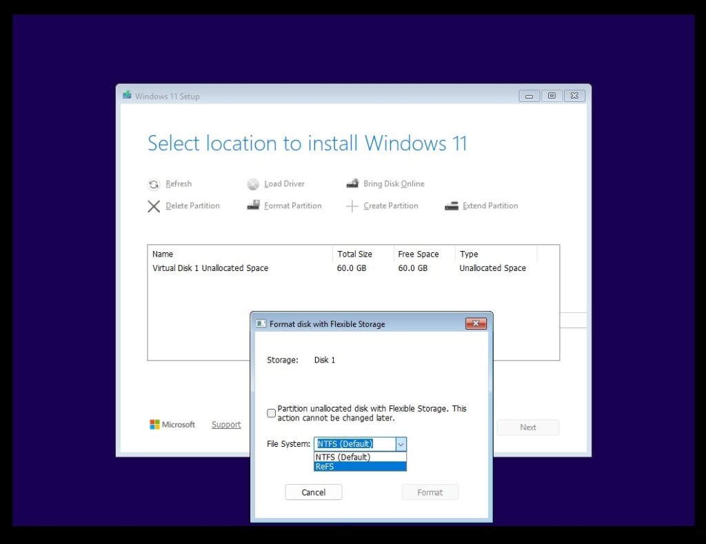 Windows 11 Setup will let you choose between NTFS and ReFS when clean installing