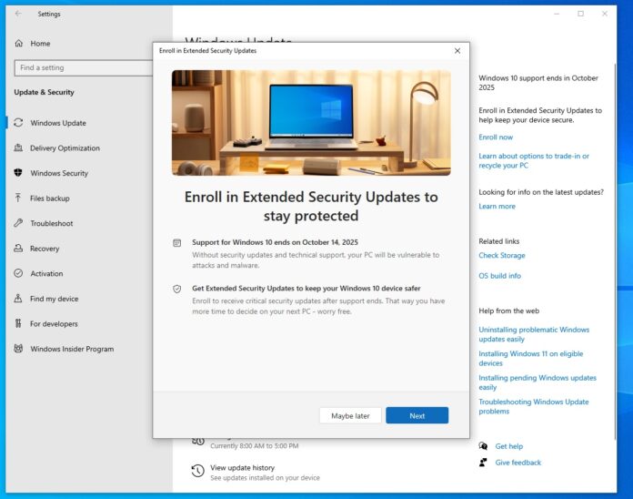 First look at "Stay on Windows 10 for free" ESU tool after October 14