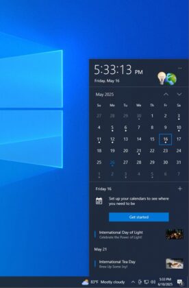 Windows 10 KB5060533 adds Bing feature to Calendar UI on taskbar