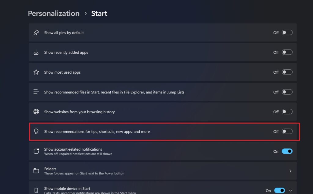 Windows 11 24H2 tests toggle to turn off Recommended feed in the Start menu