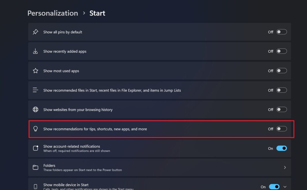 Windows 11 24H2 tests toggle to turn off Recommended feed in the Start menu