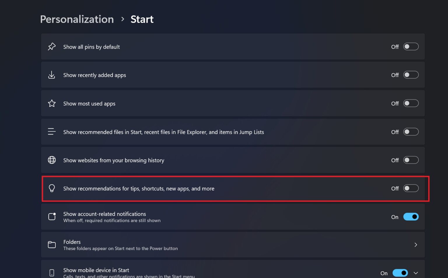 Windows 11 24H2 tests toggle to turn off Recommended feed in the Start menu