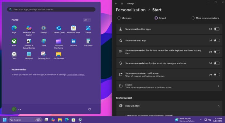 Windows 11 24H2 tests toggle to turn off Recommended feed in the Start menu