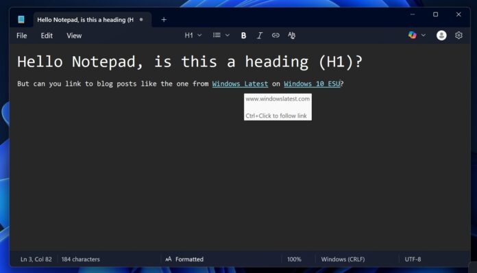 Windows 11 Notepad's rich text formatting (markdown) is now available