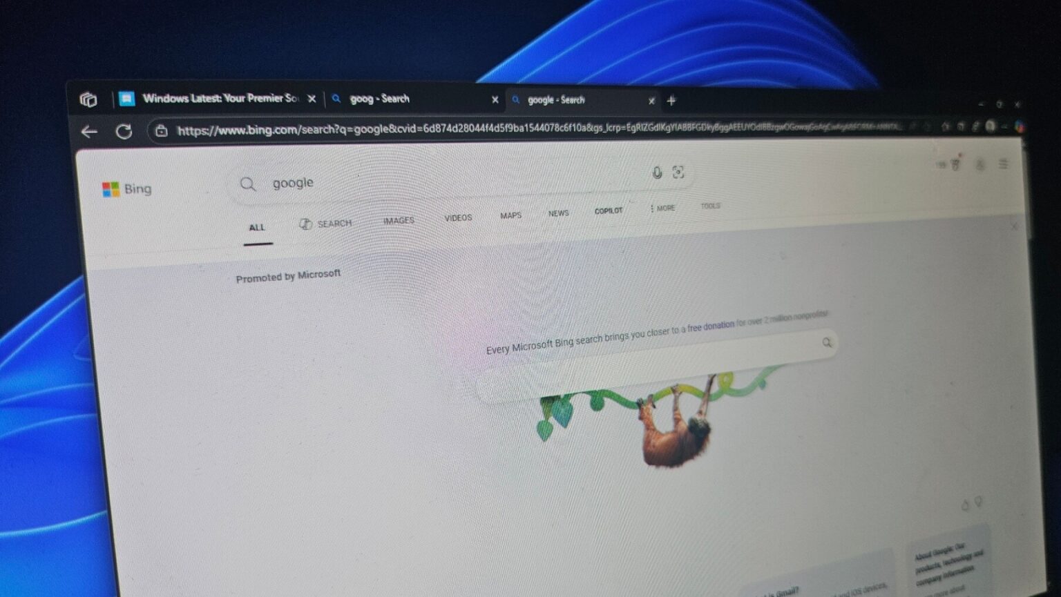 Windows 11's Bing doesn’t want you to use Google, so it shows a ...
