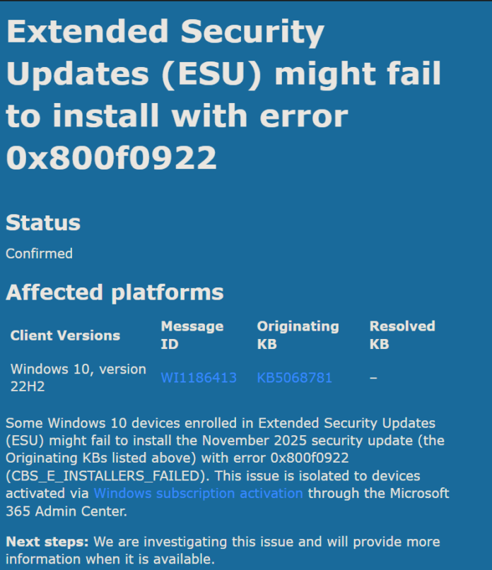 Windows 10 KB5072653 emergency update fixes ESU failure, 0x800f0922 ...