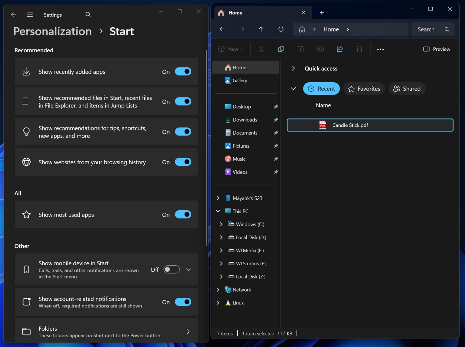Windows 11 Start menu's hide Recommended toggle also disables Recent ...