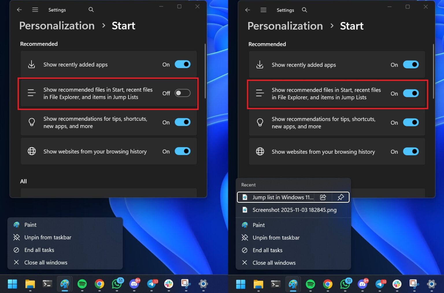 Windows 11 Start menu's hide Recommended toggle also disables Recent ...