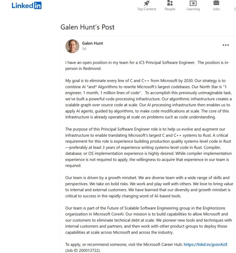 Microsoft building team to eliminate C and C++, translate code to Rust using AI, as Windows 11 ...