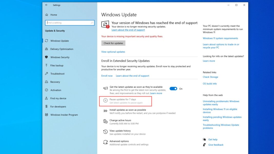 Non-ESU Windows 10 can’t pause updates anymore, including if Windows 11 ...