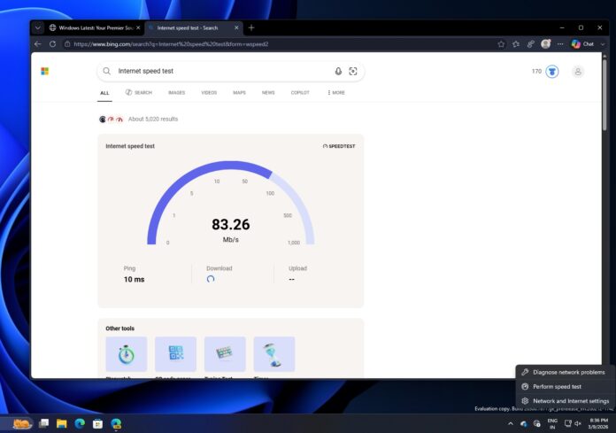 Windows 11 taskbar's new Internet Speed Test tool is a shortcut to Bing ...